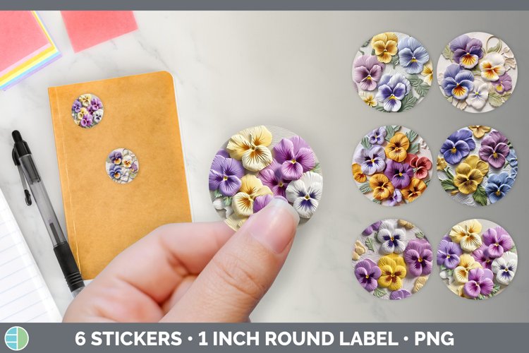 3D Pansy Flowers Stickers | Round Labels Designs Bundle