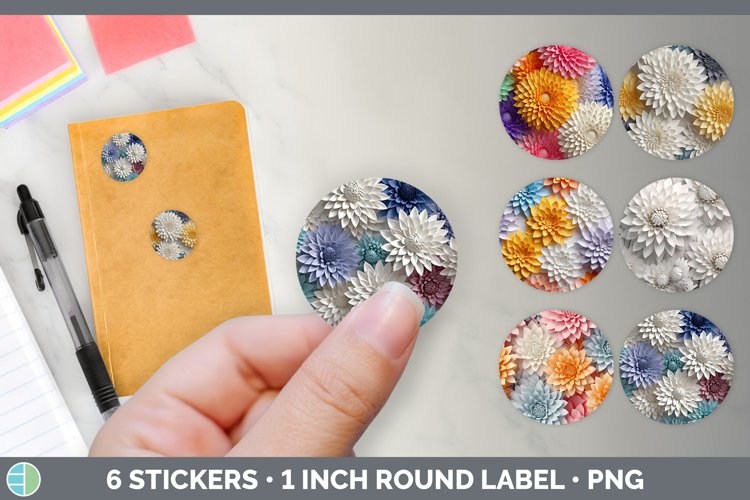 3D Paper Chrysanthemum Flowers Stickers | Round Labels Desig