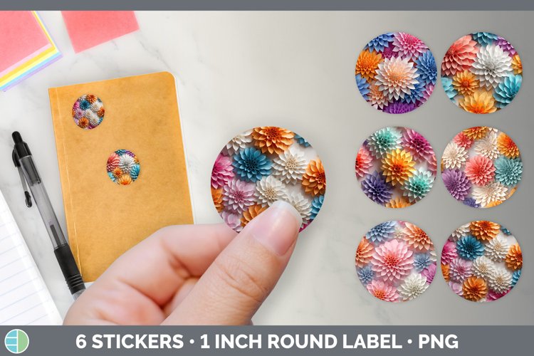 3D Paper Dahlia Flowers Stickers | Round Labels Designs Bund