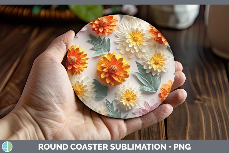 3D Paper Flowers Calendula Round Coaster Sublimation Coaster