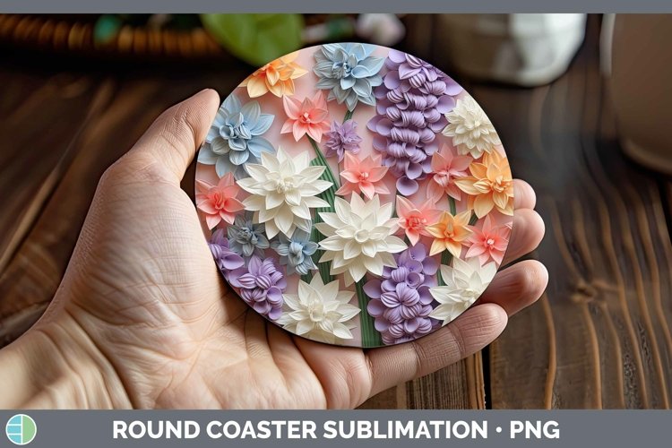 3D Paper Flowers Hyacinth Round Coaster Sublimation Coaster