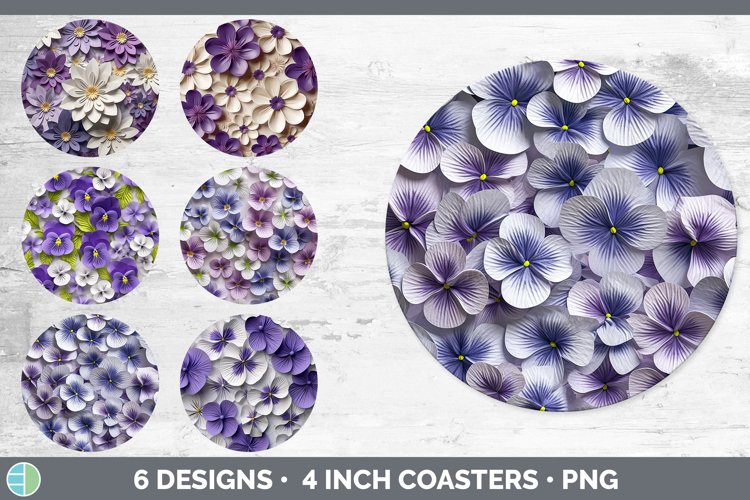 3D Paper Violet Flowers Round Coaster | Sublimation Coaster