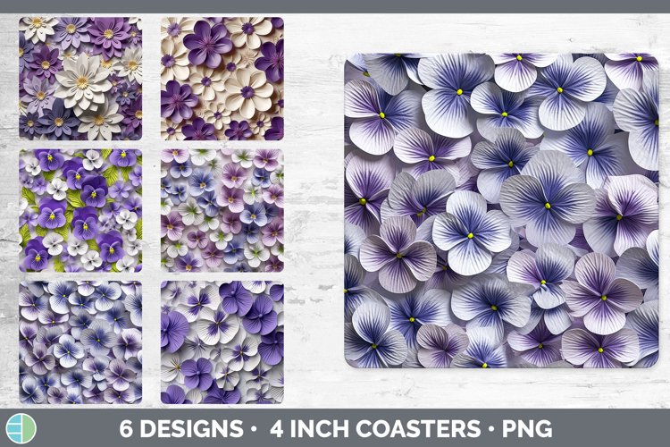 3D Paper Violet Flowers Square Coaster | Sublimation Coaster