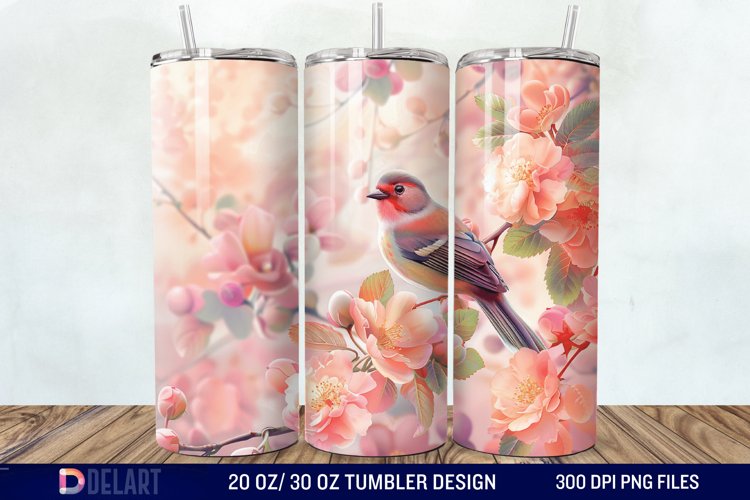 3D Pink Flower Bird Tumbler Wrap