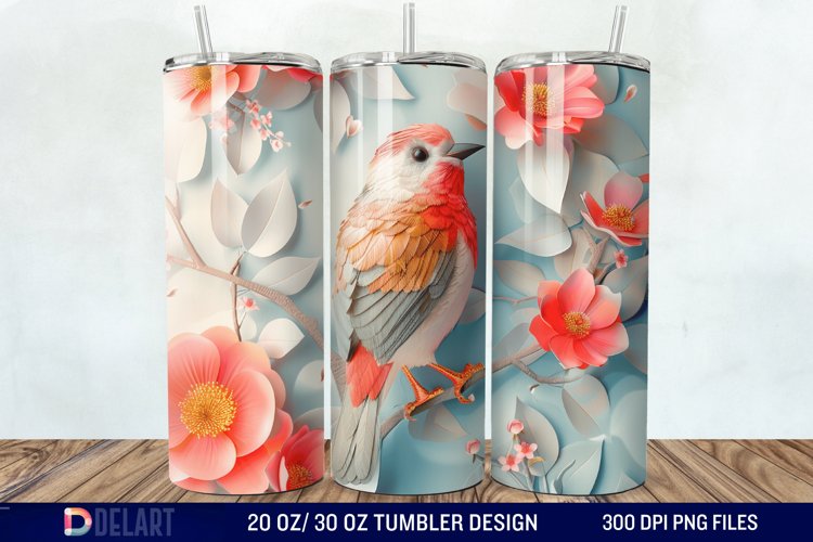 3D Pink Flower Bird Tumbler Wrap