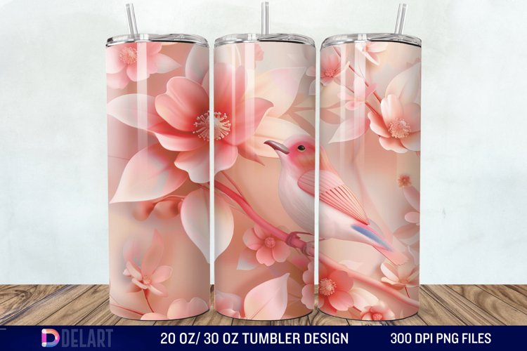 3D Pink Flower Bird Tumbler Wrap