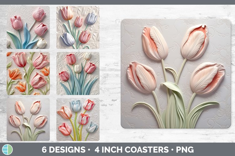 3D Tulip Flowers Square Coaster | Sublimation Coaster Design