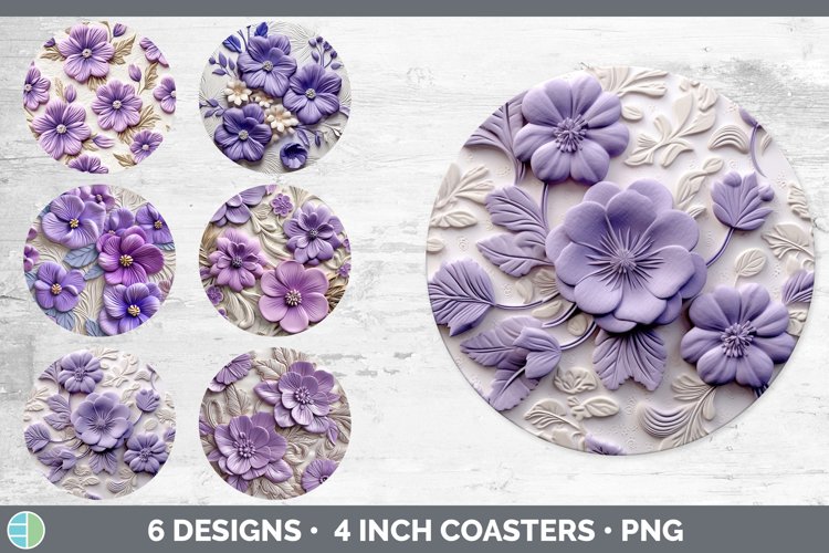 3D Violet Flowers Round Coaster | Sublimation Coaster Design