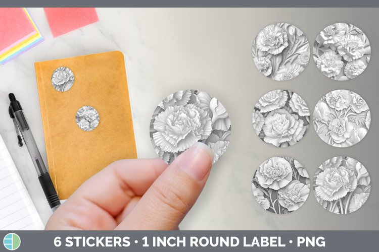 3D White Carnation Flowers Stickers | Round Labels Designs B
