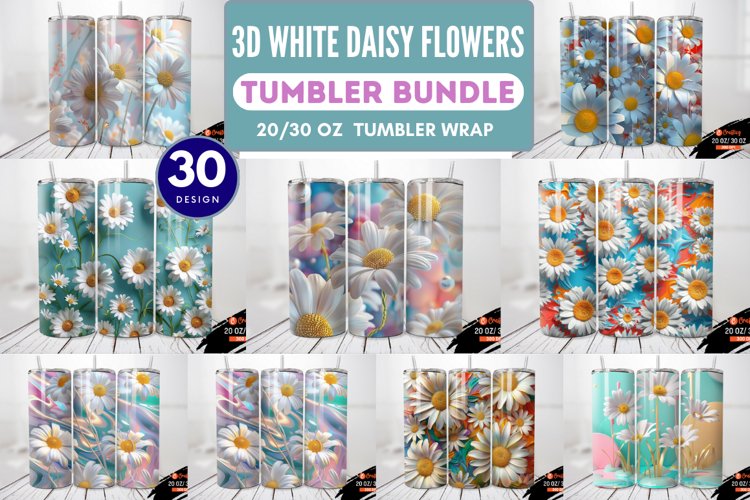 3D White Daisy Flowers Tumbler Wrap Design Bundle