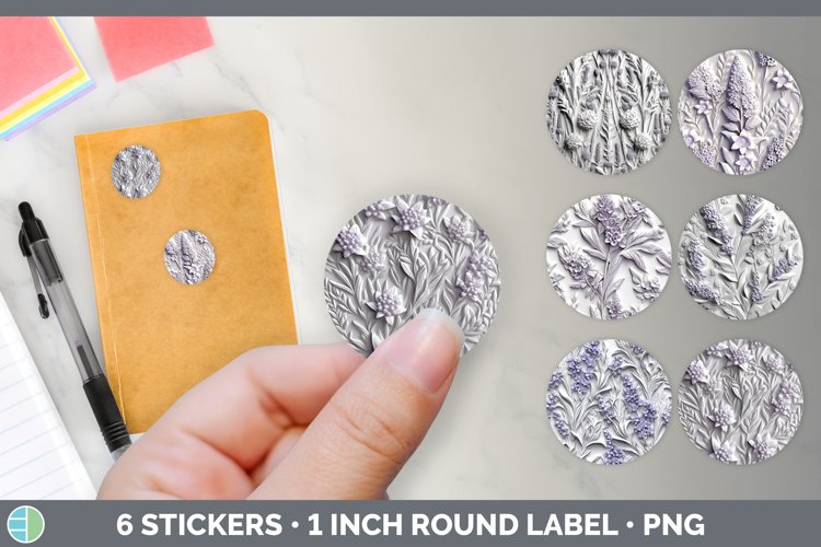 3D White Lavender Flowers Stickers | Round Labels Designs Bu