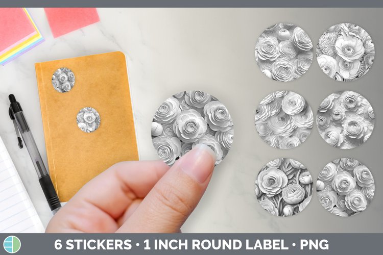 3D White Ranunculus Flowers Stickers | Round Labels Designs