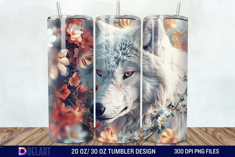 3D White Wolf Flowers Tumbler Wrap