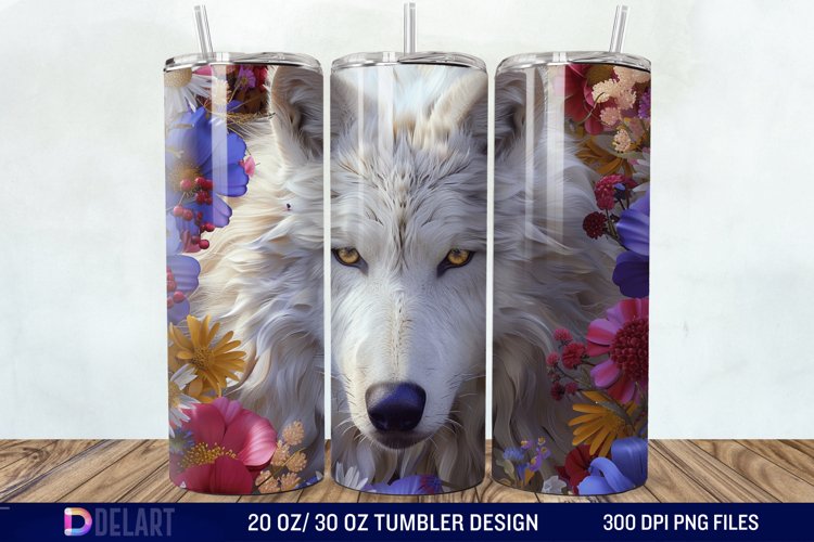 3D White Wolf Flowers Tumbler Wrap
