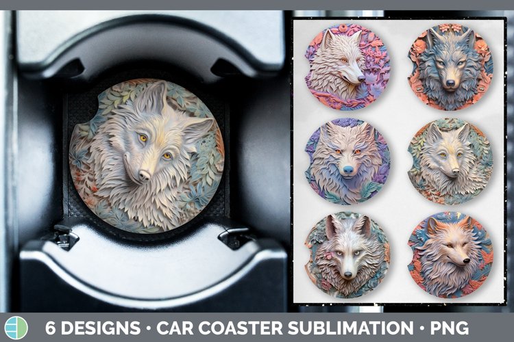 3D Wolf Car Coaster | Sublimation Coaster Designs Bundle