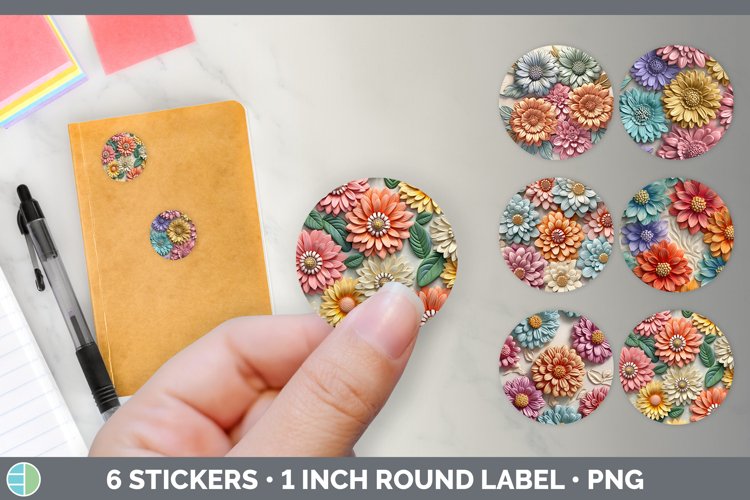 3D Zinnia Flowers Stickers | Round Labels Designs Bundle