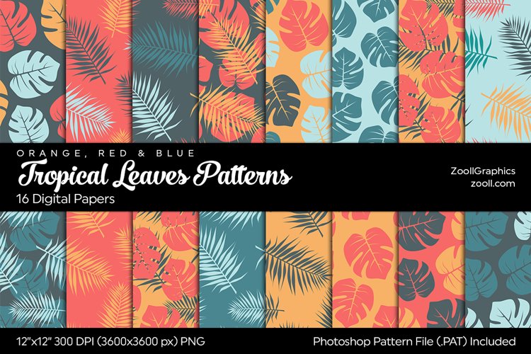 Tropical Leaves Digital Papers Orange, Red & Blue