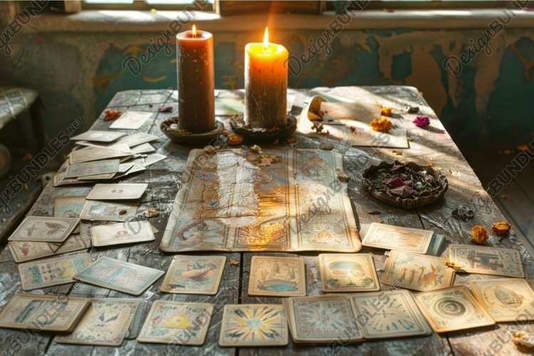 Fortune teller desk covered with tarot cards and burning can