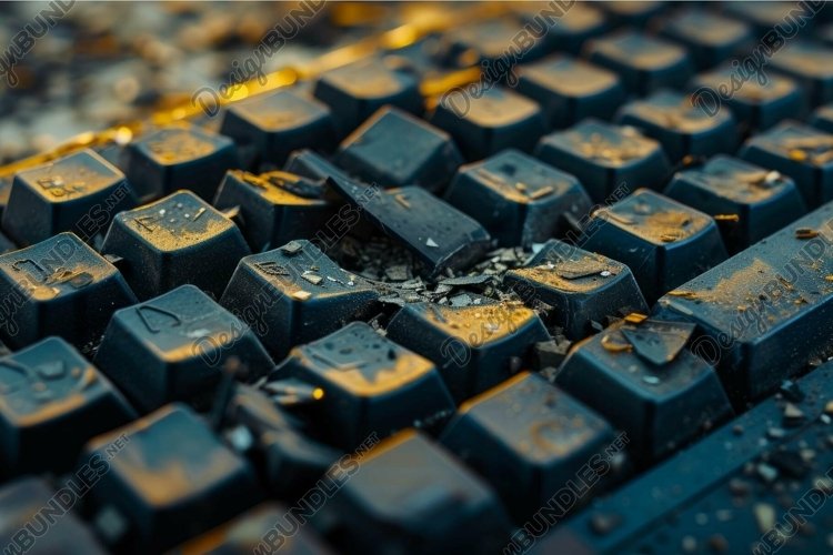 Damaged keyboard close-up with dust and debris