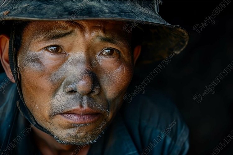 Determined Asian miner worker dirty face. Generate Ai