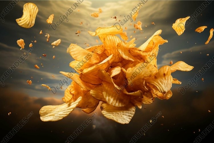 Explosion of crispy potato chips in the air