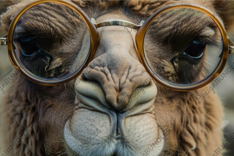 Humorous close-up of a camel wearing glasses