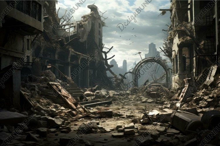 Brooding digital artwork of a destroyed cityscape, symbolizi