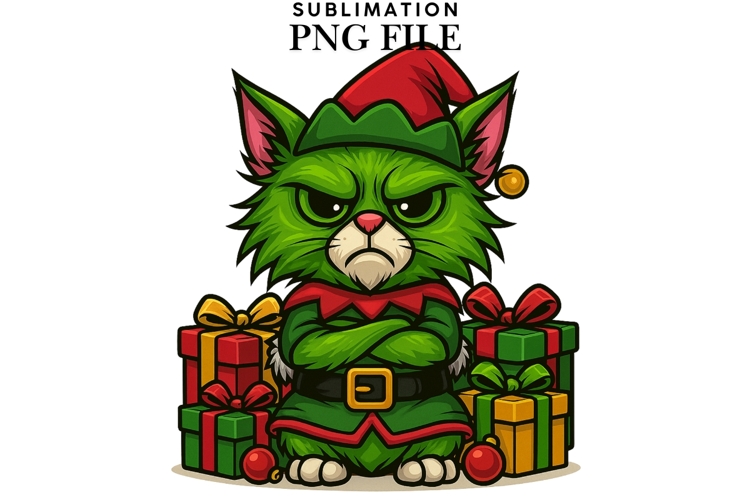 Green funny Christmas cat png design for T-shirts (6379737)
