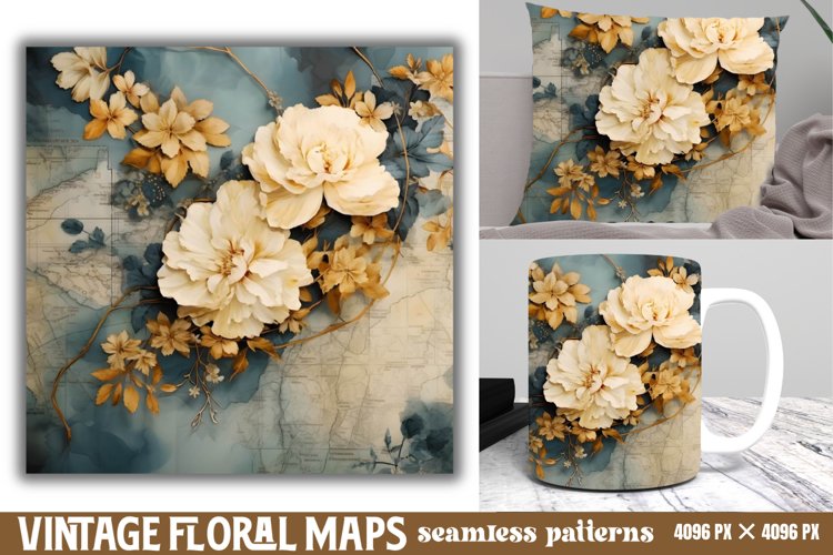 Vintage Floral Maps Seamless Patterns Backgrounds,