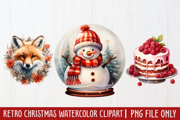 Retro Christmas Watercolor Clipart, Vintage (4388996)