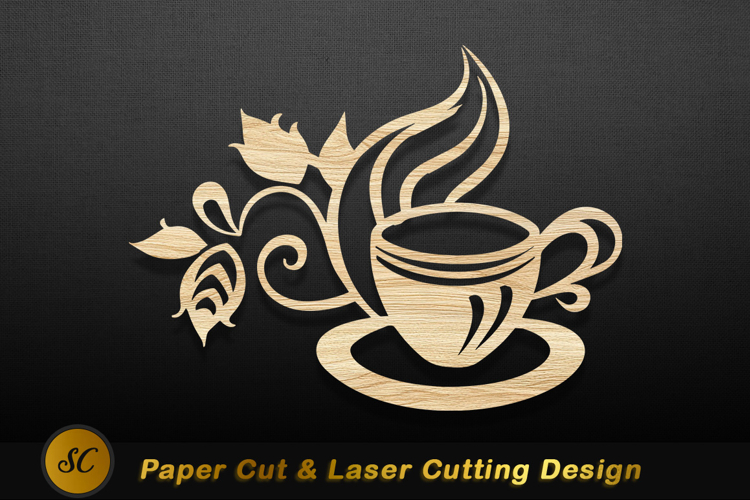 Wooden coffee cup floral design saucer steam Laser Cut Files