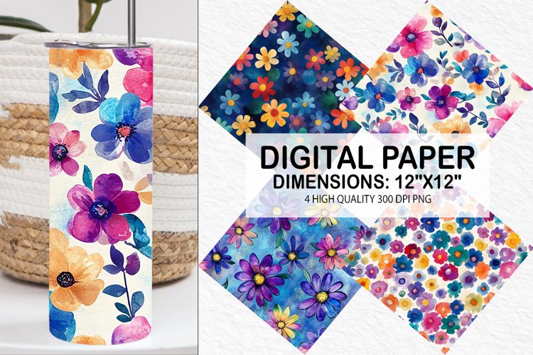 Funky Watercolor Flowers Digital Paper- Flowers Background