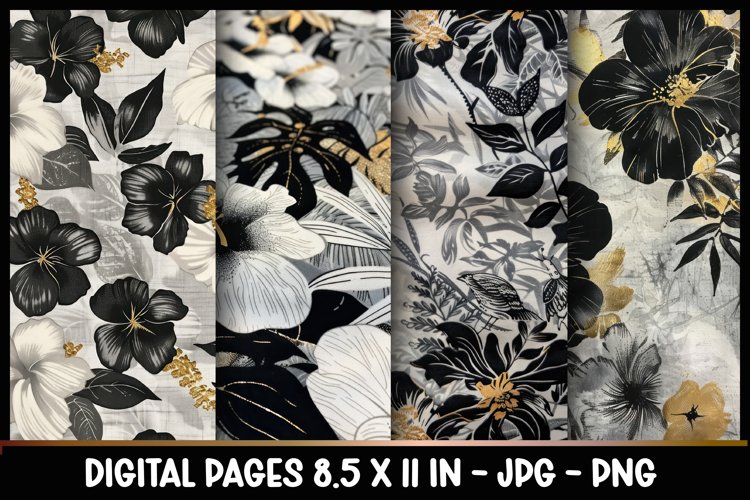 4 Black Flowers Digital Papers I Junk Journal 8.5x11