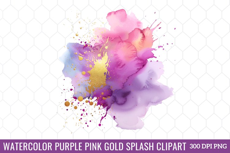 Watercolor Purple Pink Gold Splash Clipart (3476474)