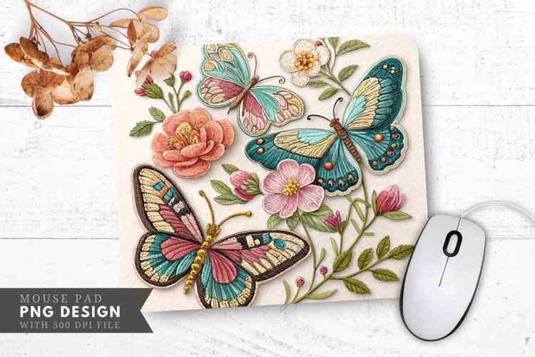 Butterfly and Floral Embroidered Patches Mouse Pad PNG