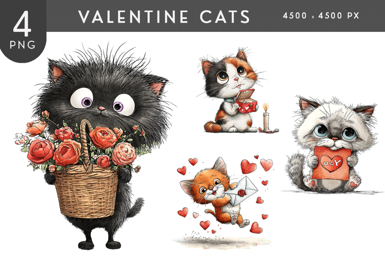 Adorable Valentine Cat Illustrations PNG