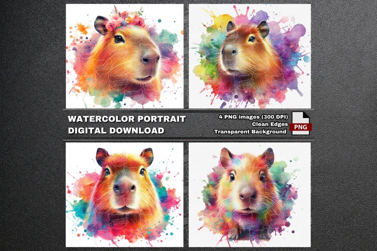 Colorful Capybara Watercolor Portrait PNG, Illustration