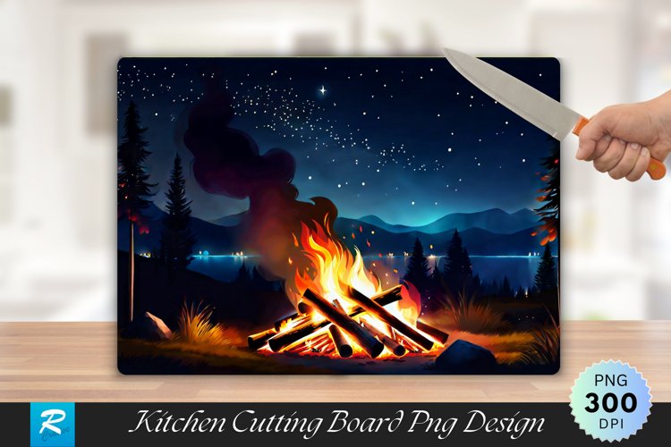 Bonfire at Night Cutting Board Sublimation Design