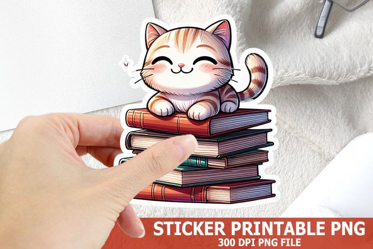 Cute Cat on A Stack of Books Sticker