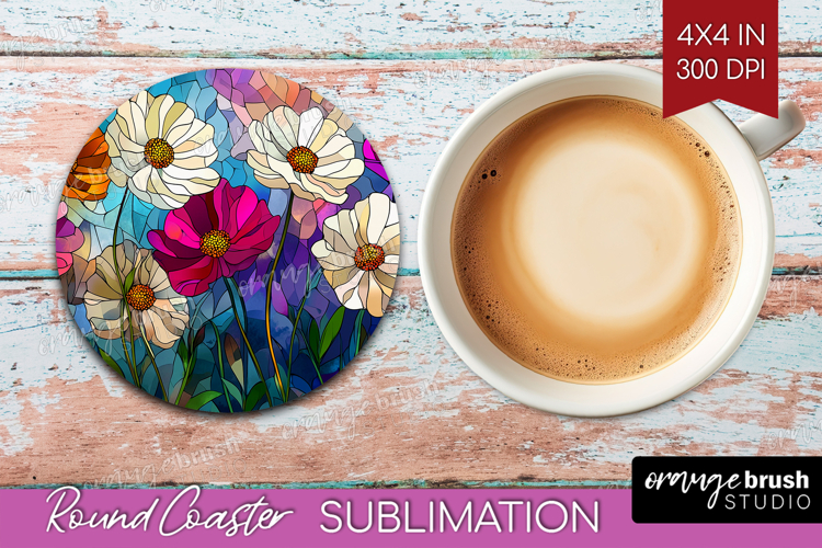 Stained Glass Round Coaster - Flowers Coaster PNG (5303218)