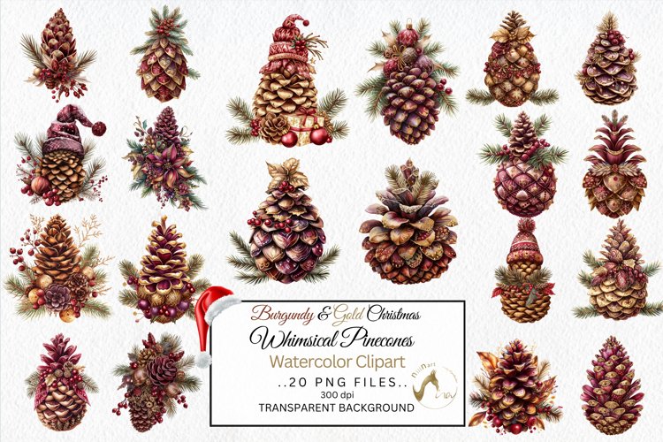 Watercolor Whimsical Red and Gold Pinecones Clipart