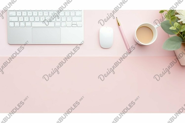 clutter desk flat lay pink