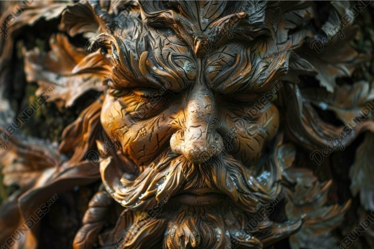 Wooden carving depicting the green man with leaves and branc