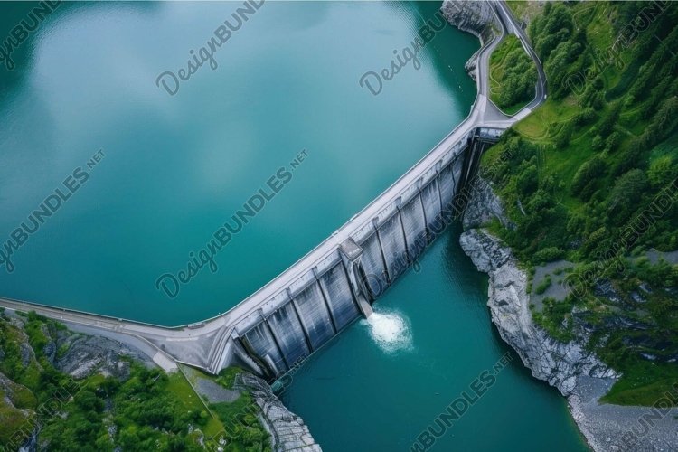 Aerial view of hydroelectric dam on serene lake