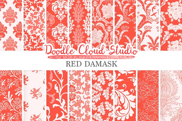 Red Damask digital paper, Swirls patterns, Digital Floral