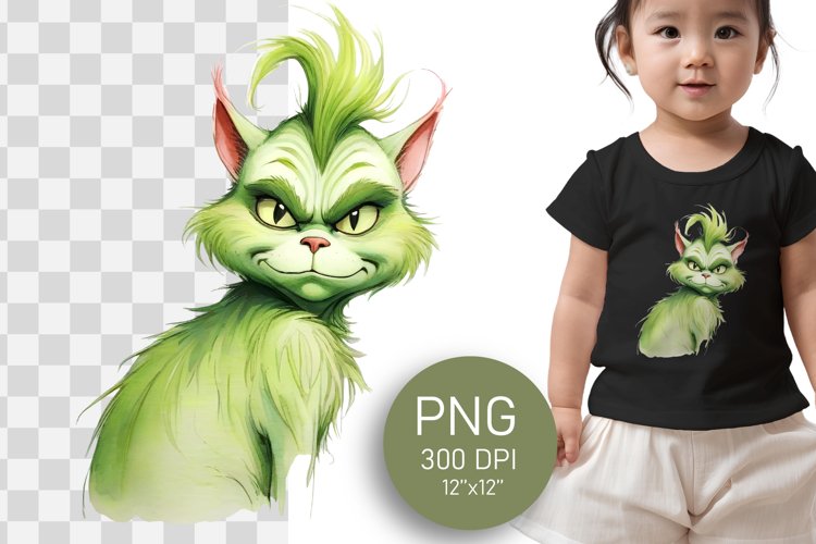 Green grumpy cat in grinch style |christmas design PNG