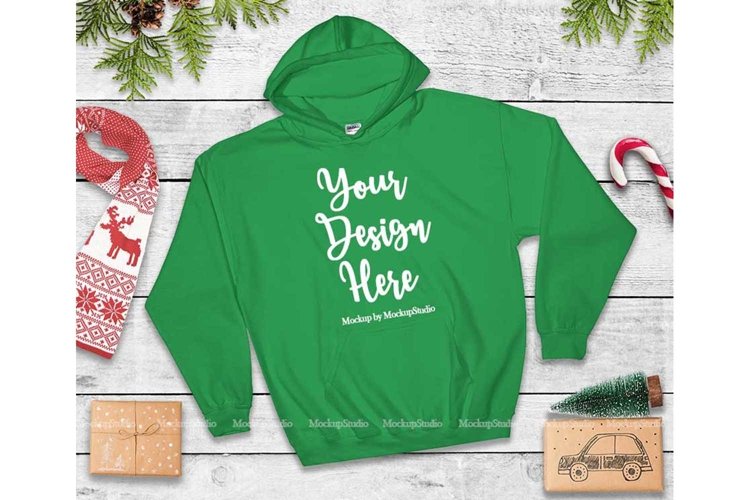 Christmas Green Hoodie Mockup, Winter Holiday Flat Lay