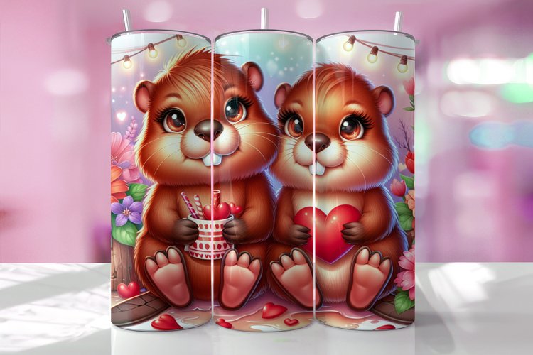 Valentine's Day Beaver Couple Tumbler Wrap Sublimation Desig