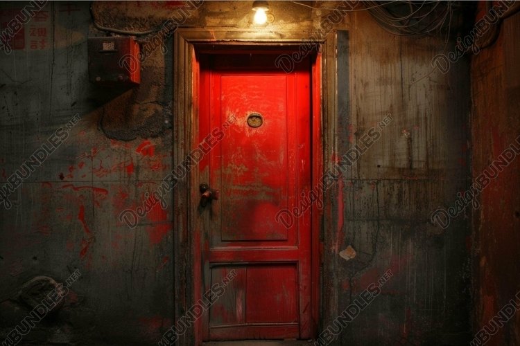 Mysterious red door in moody alleyway