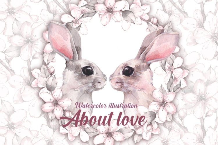 Spring love. Watercolor rabbits, png